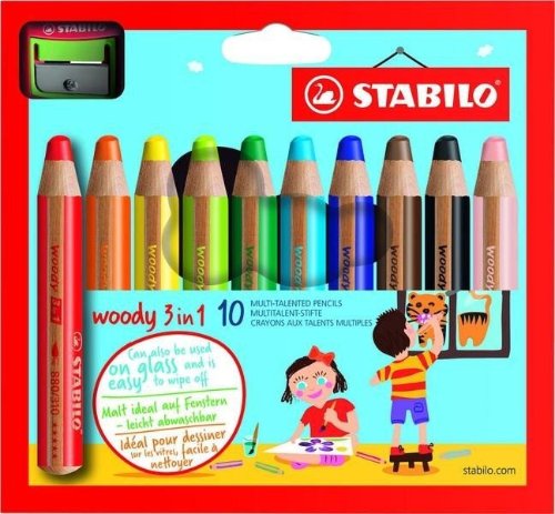 Pastelky STABILO Woody 3in1, 10 ks s ořezávátkem | Knihkupectví BOOKTOOK